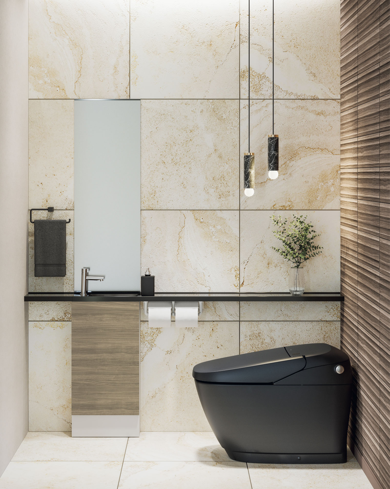 LIXIL ビジネス情報｜画像提供サービス｜PLAN_No.1003_壁や床の豊かな表情をブラックのトイレで引き締めた洗練コーディネート
